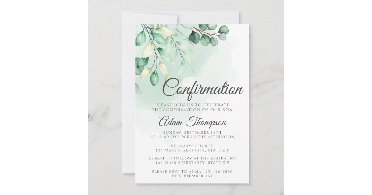 Eucalyptus Greenery Simple Confirmation Invitation | Zazzle