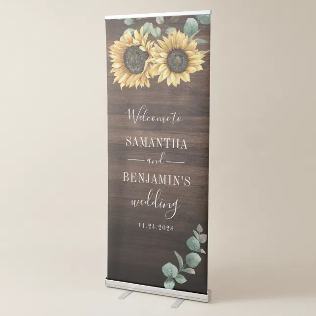 Eucalyptus Greenery Sunflower Rustic Wedding Retractable Banner | Zazzle