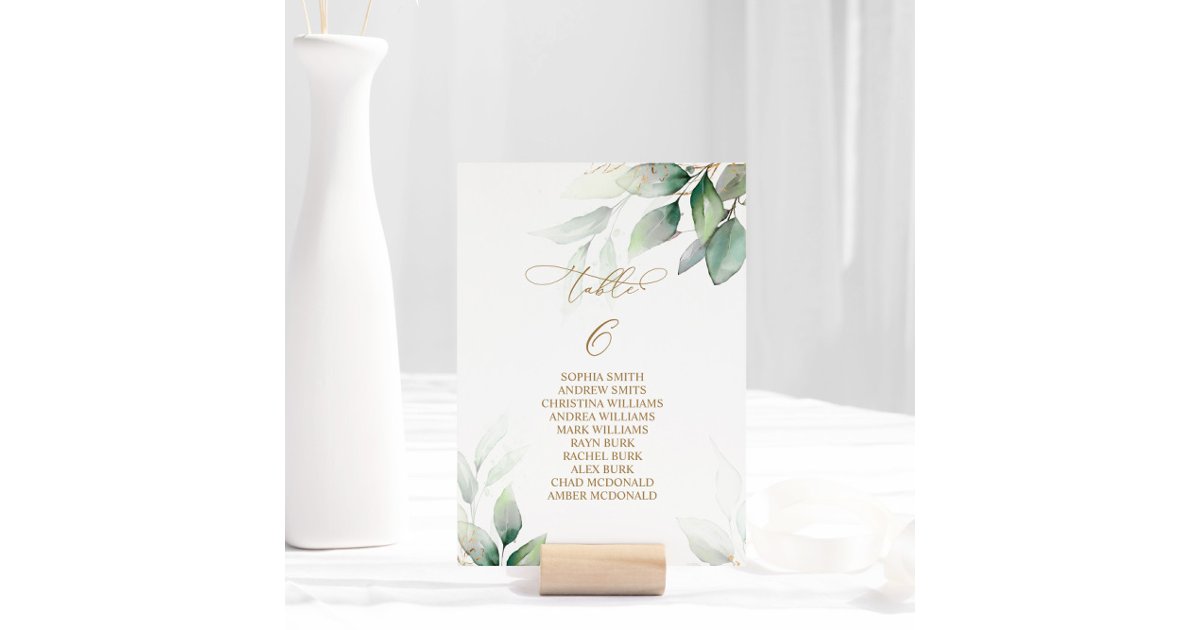 Eucalyptus Greenery Table Number 6 Seating Chart | Zazzle