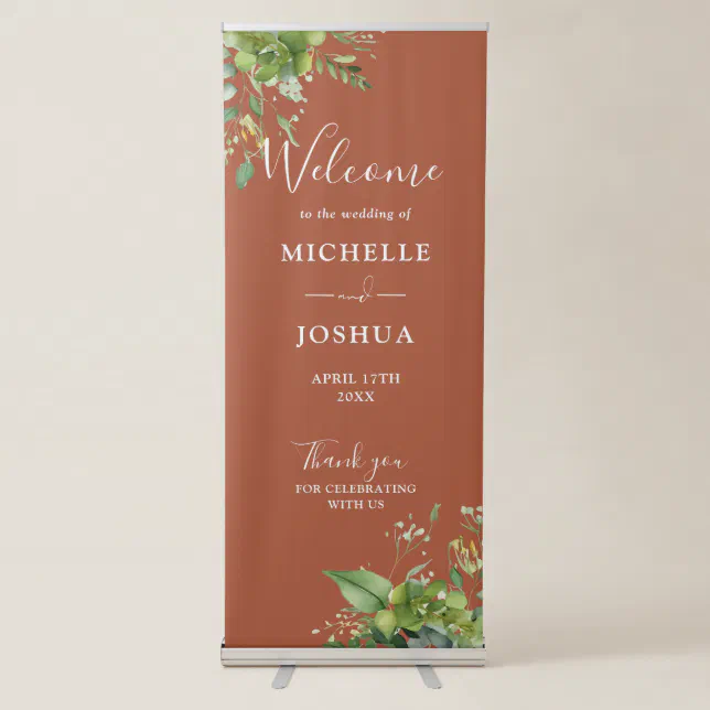 Eucalyptus Greenery Terracotta Wedding Welcome Retractable Banner | Zazzle