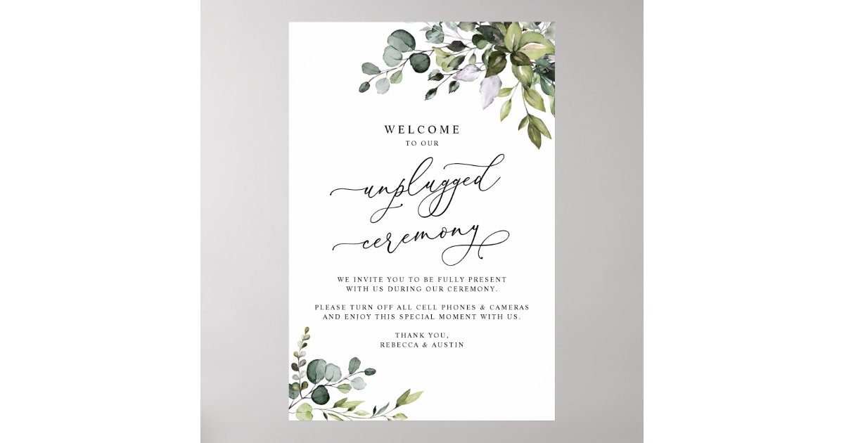 Eucalyptus Greenery Unplugged Wedding Ceremony Poster | Zazzle