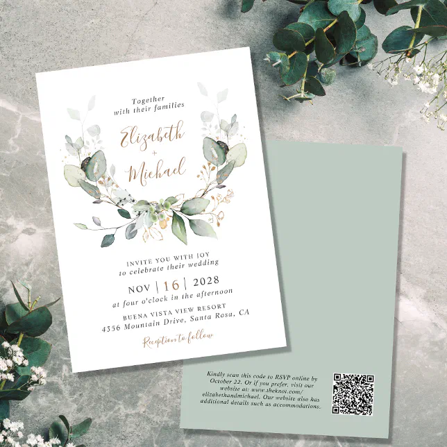 Eucalyptus Greenery Watercolor QR Code Wedding Invitation | Zazzle