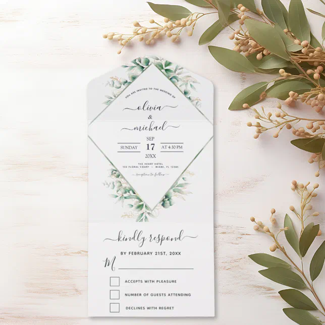 Eucalyptus Greenery Wedding Sage Green All In One Invitation | Zazzle
