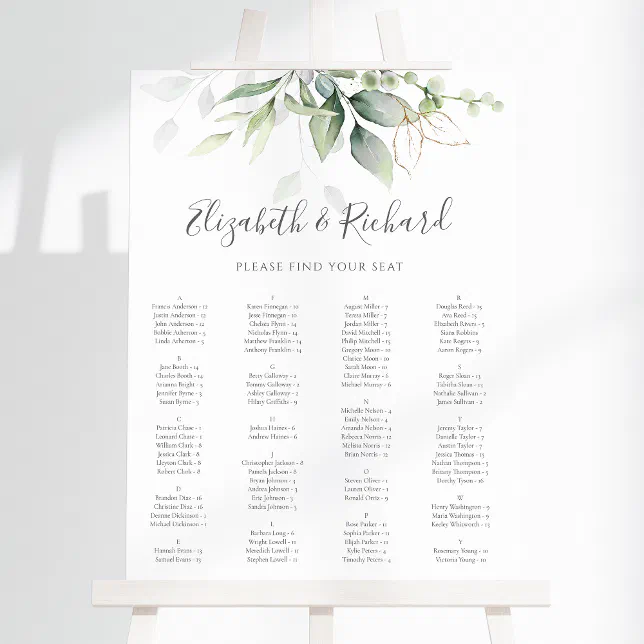 Eucalyptus Greenery Wedding Seating Chart Foam Board | Zazzle