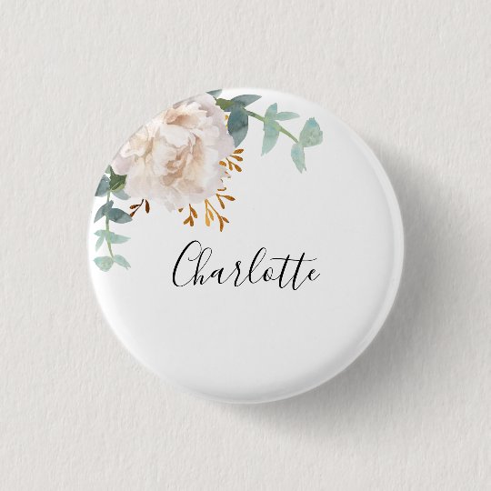 Eucalyptus greenery white floral name tag button | Zazzle.com