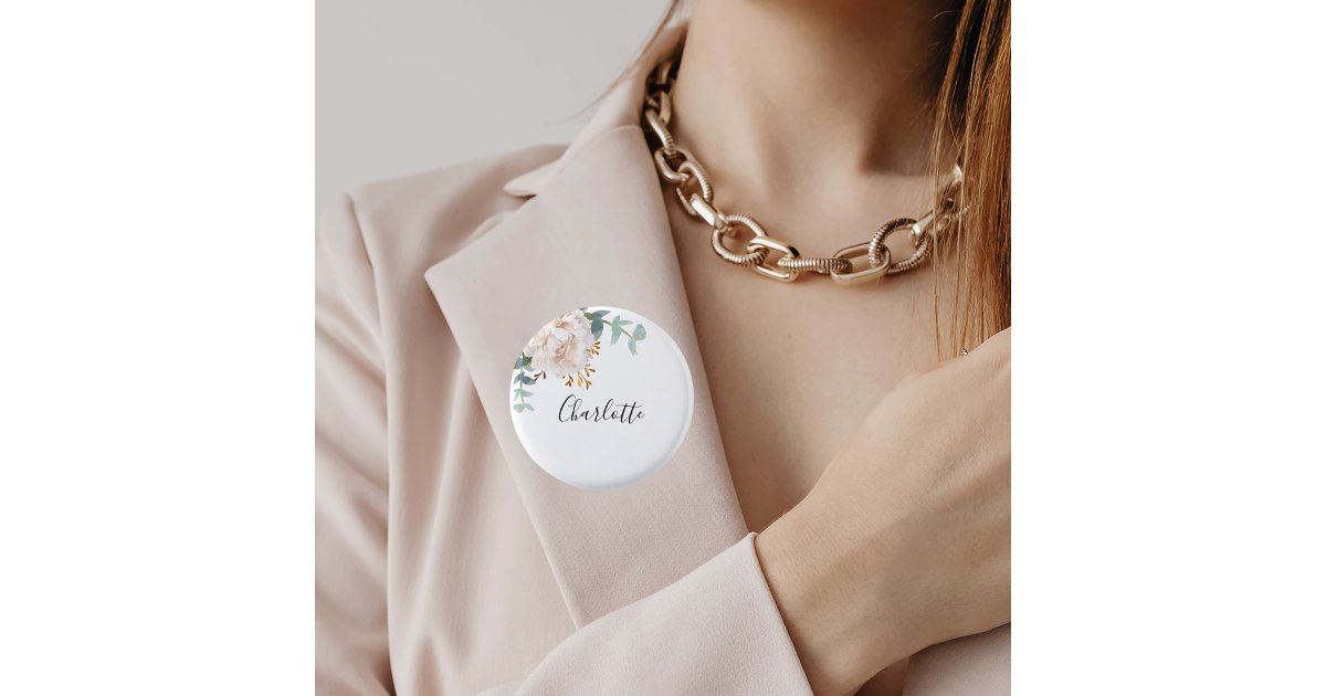 Eucalyptus greenery white floral name tag button | Zazzle