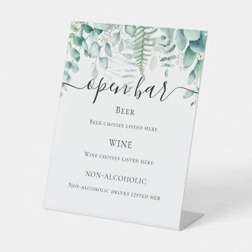 Eucalyptus greenery woodland ferns bar menu pedestal sign | Zazzle