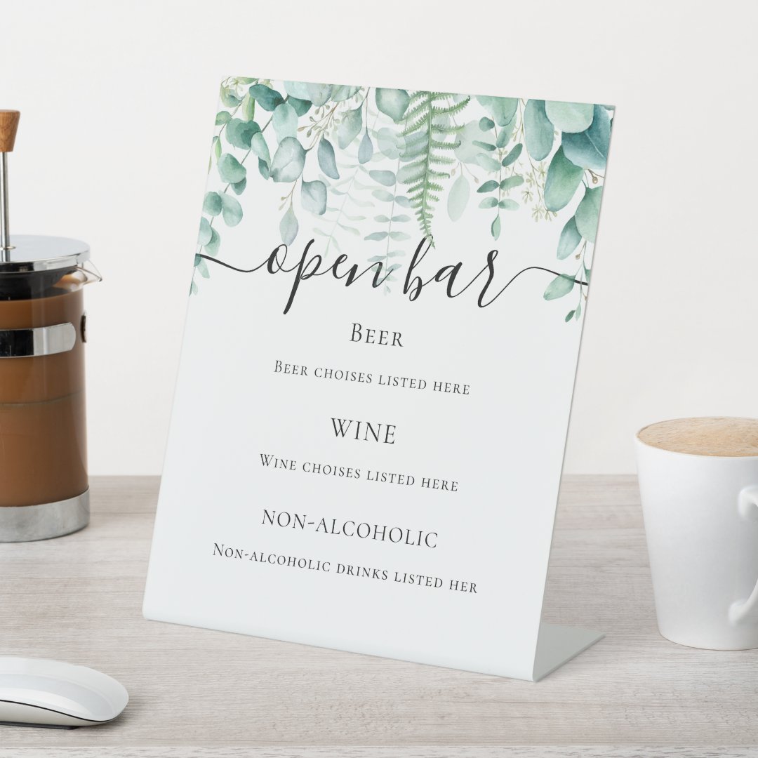 Eucalyptus greenery woodland ferns bar menu pedestal sign | Zazzle