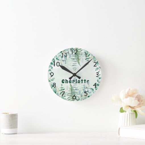 Eucalyptus greenery woodland forest name round clock | Zazzle