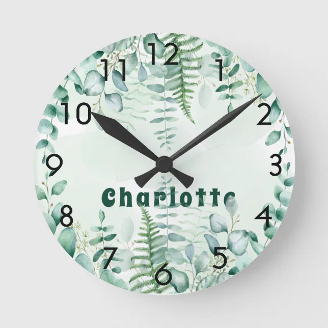 Eucalyptus greenery woodland forest name round clock | Zazzle