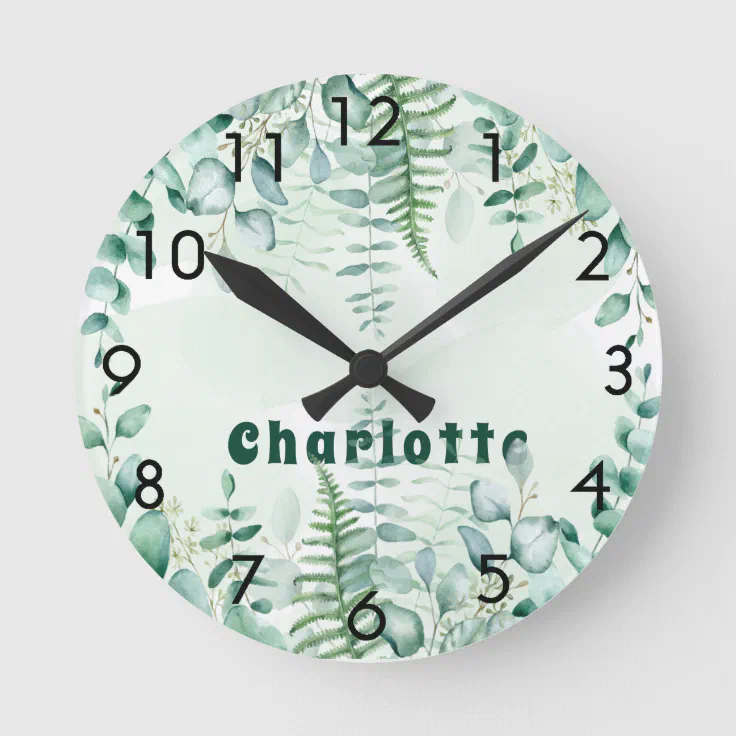 Eucalyptus greenery woodland forest name round clock | Zazzle