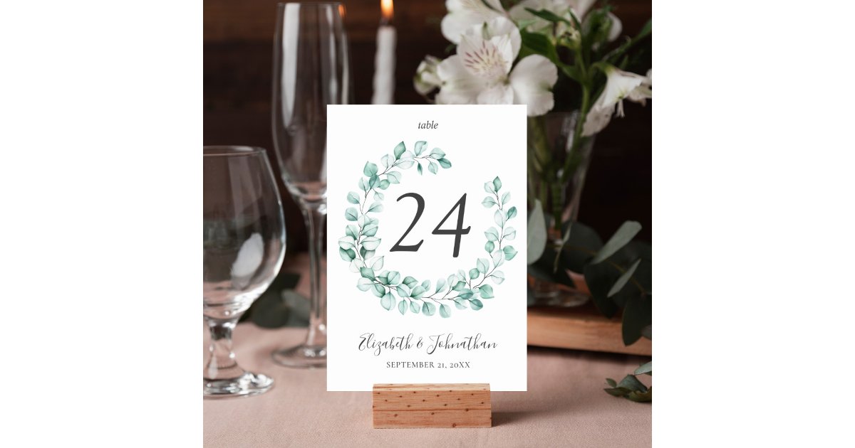 Eucalyptus Greenery Wreath Watercolor Wedding Table Number | Zazzle