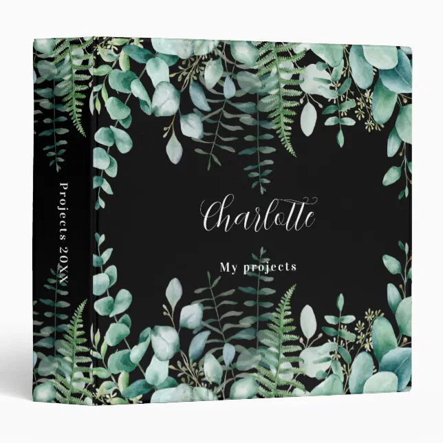 Eucalyptus greenry woodland black name script 3 ring binder | Zazzle