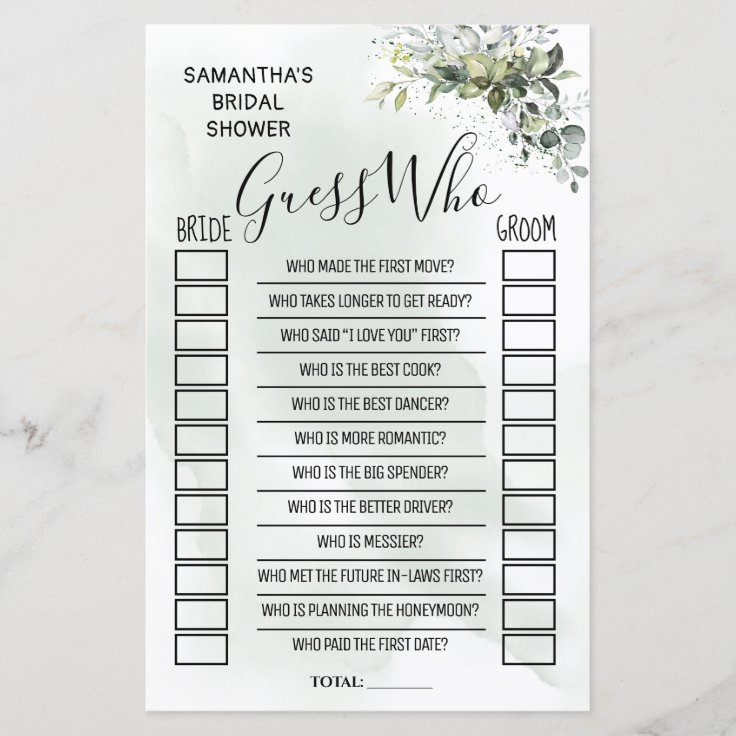 Eucalyptus Guess who bridal shower bilingual game | Zazzle