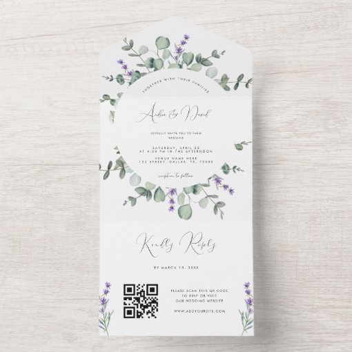 Eucalyptus Lavender Script QR Code Spring Wedding All In One Invitation | Zazzle