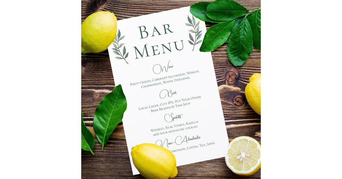 Eucalyptus Leaf Simple Botanical Wedding Bar Menu | Zazzle