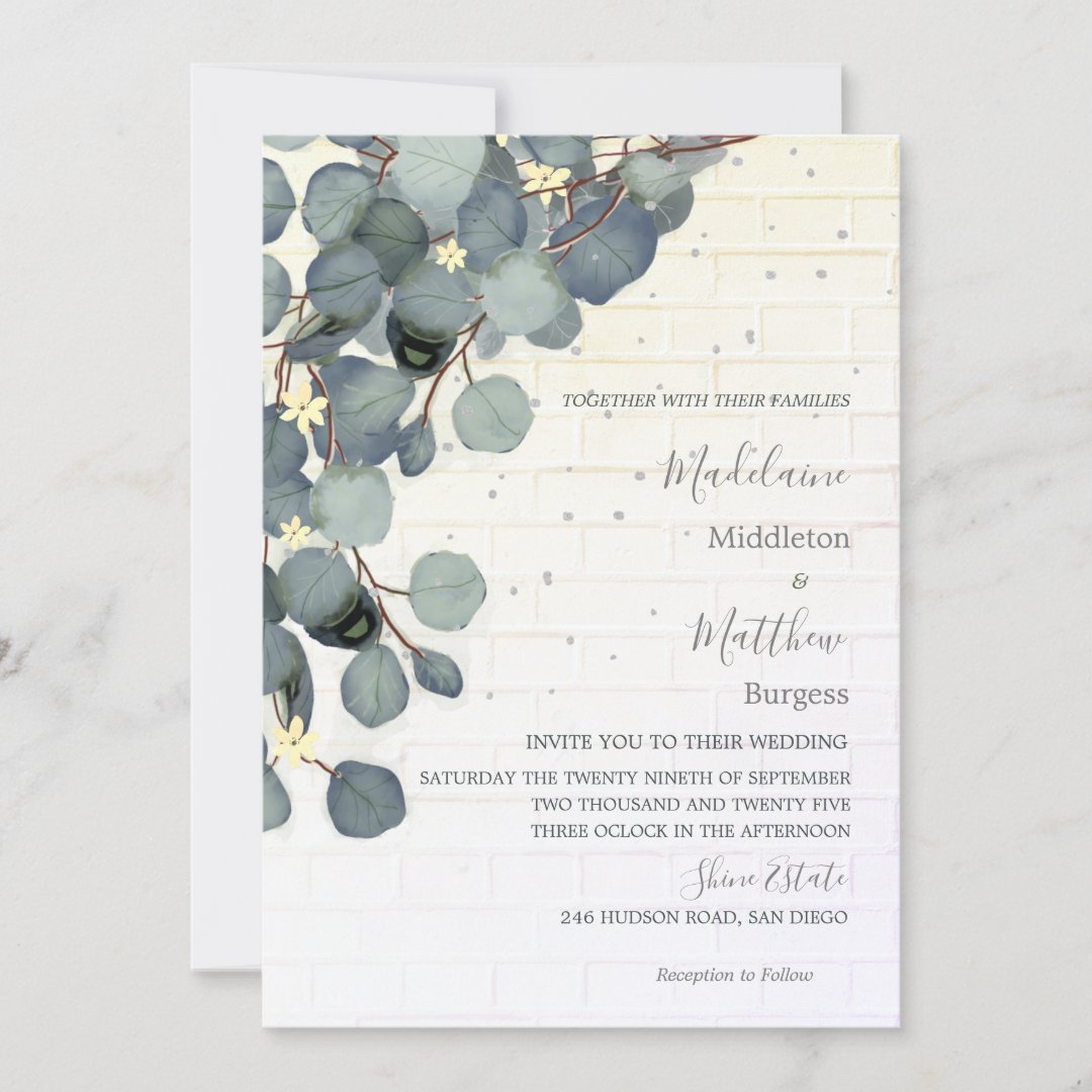 Eucalyptus Leaves Floral Brick Rustic Wedding Invitation | Zazzle