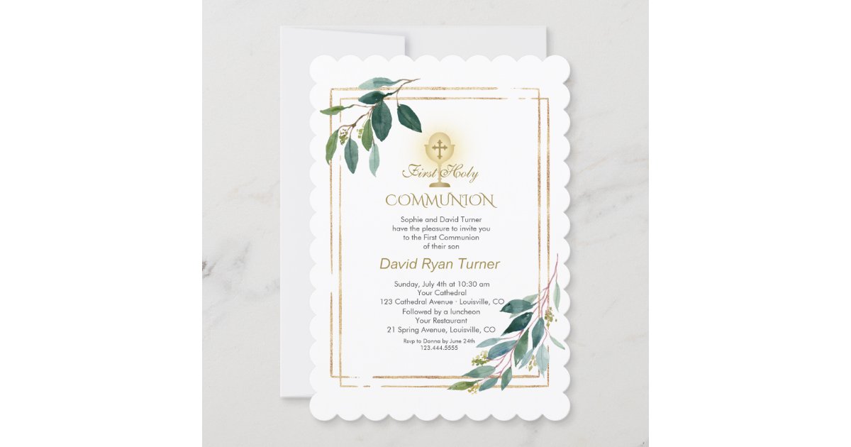 Eucalyptus Leaves Gold Cross Holy Communion Invitation | Zazzle