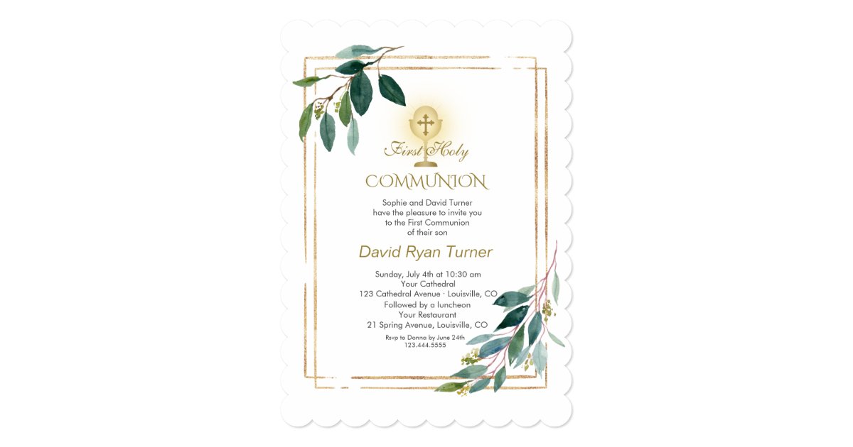 Eucalyptus Leaves Gold Cross Holy Communion Invitation | Zazzle.com