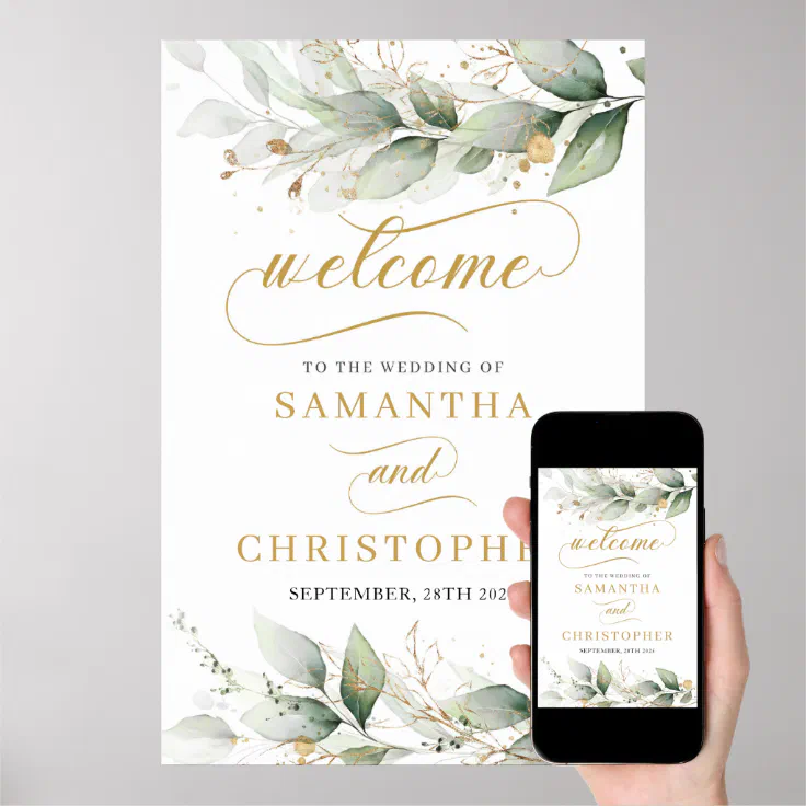 Eucalyptus leaves gold wedding welcome sign | Zazzle