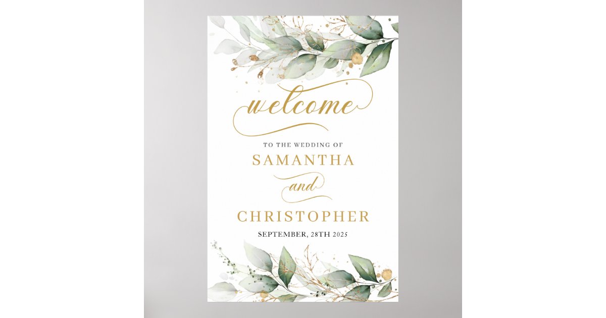 Eucalyptus leaves gold wedding welcome sign | Zazzle
