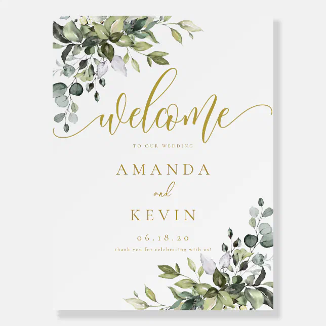 Eucalyptus Leaves Gold Welcome Sign Foam Board | Zazzle