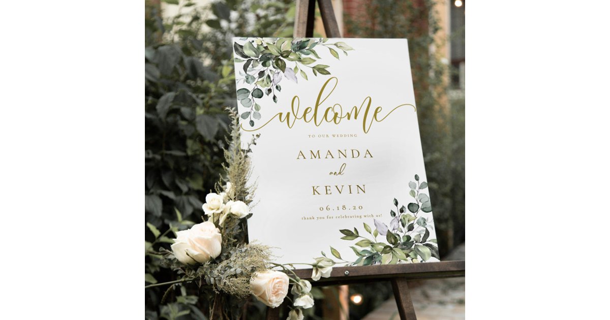 Eucalyptus Leaves Gold Welcome Wedding Sign | Zazzle