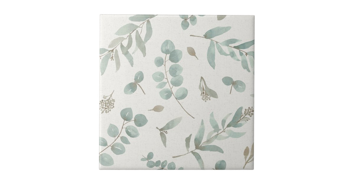 Eucalyptus leaves in watercolor beige background ceramic tile | Zazzle