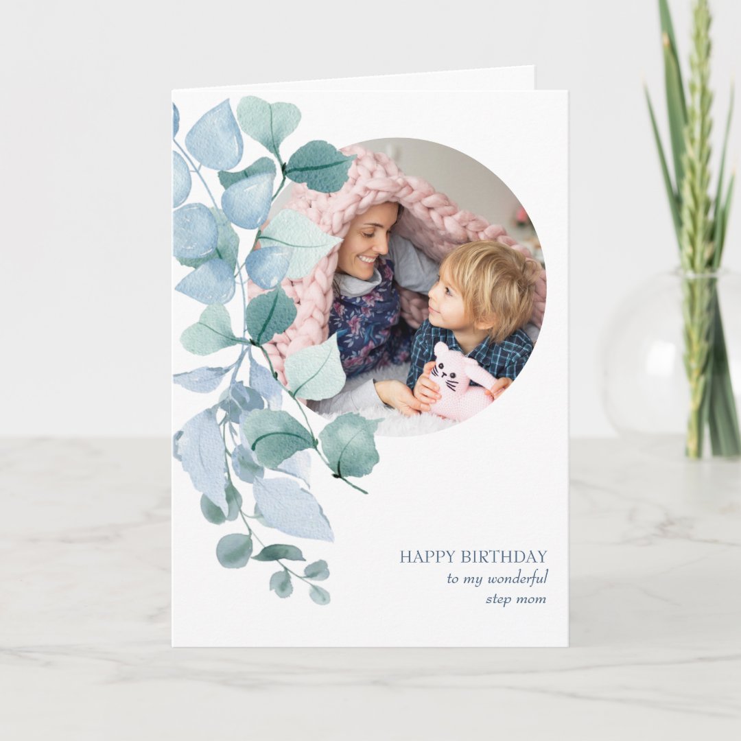 Eucalyptus Leaves Round Photo Happy Birthday Card | Zazzle