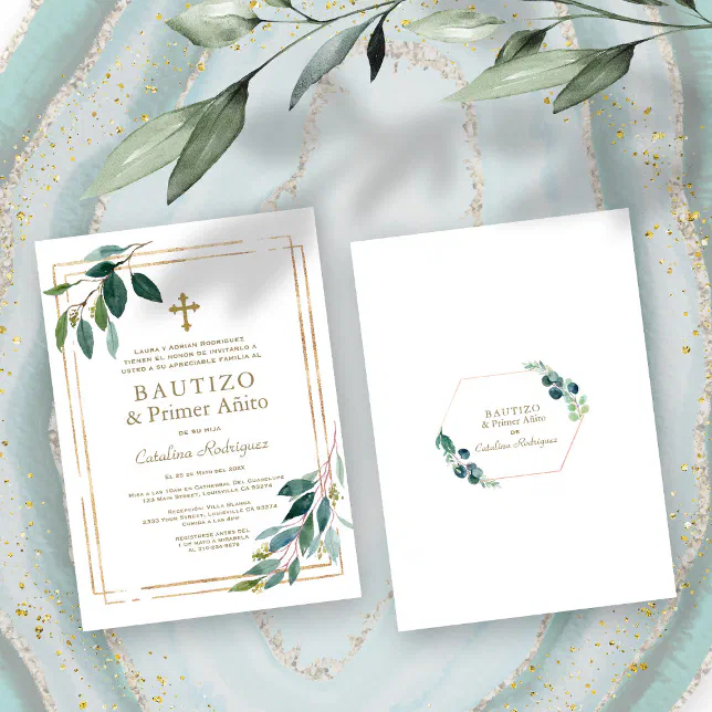 Eucalyptus Leaves Spanish 1st Birthday Baptism Invitation | Zazzle
