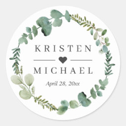 Eucalyptus Leaves Wreath Wedding Favor Classic Round Sticker | Zazzle