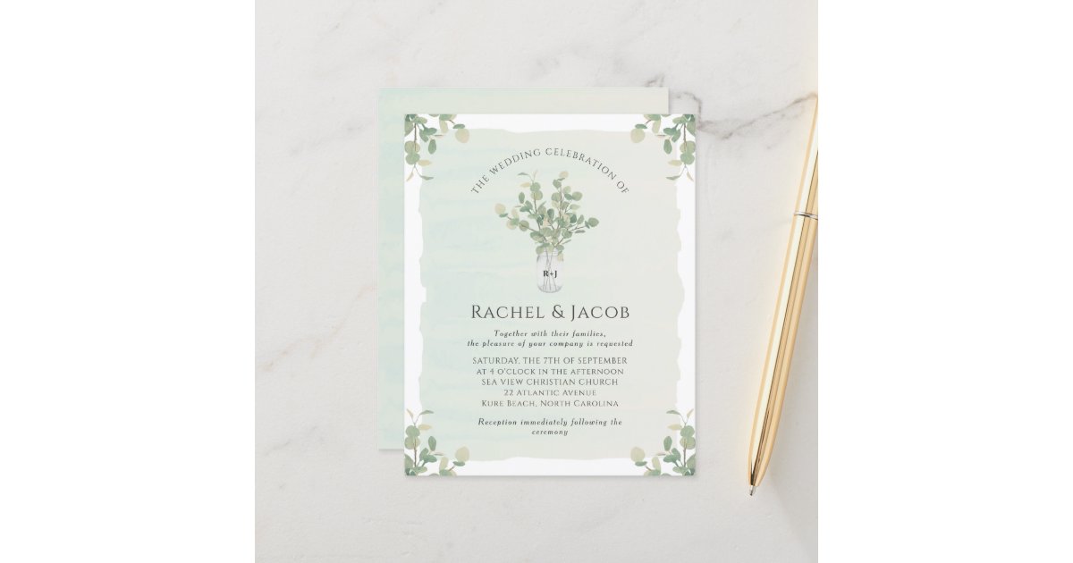 Eucalyptus Mason Jar Monogram Wedding Invitation | Zazzle