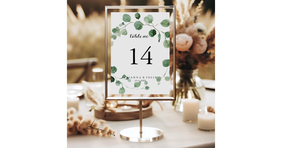 Eucalyptus Modern Calligraphy Wedding Table Number | Zazzle