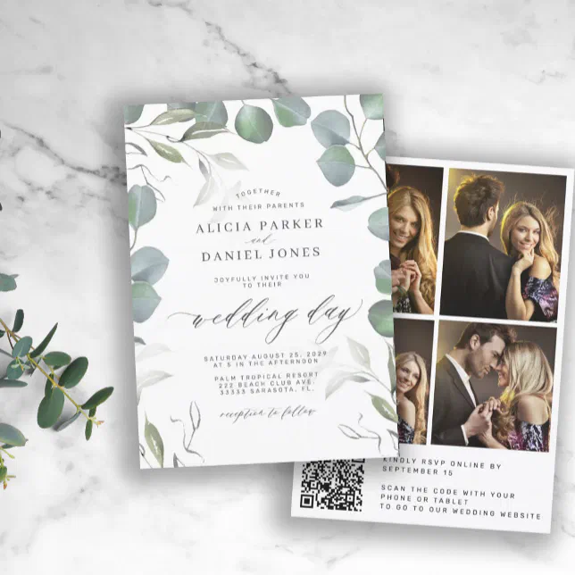Eucalyptus QR CODE photo collage wedding Invitation | Zazzle