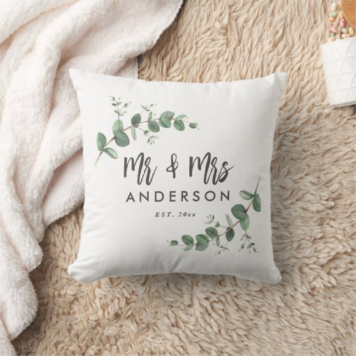 Eucalyptus rustic simple modern mr and mrs gift throw pillow | Zazzle
