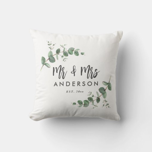 Eucalyptus rustic simple modern mr and mrs gift throw pillow | Zazzle