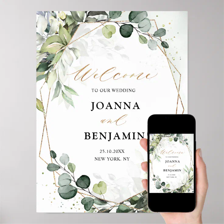 Eucalyptus Sage Greenery Geometric Wedding Welcome Poster | Zazzle