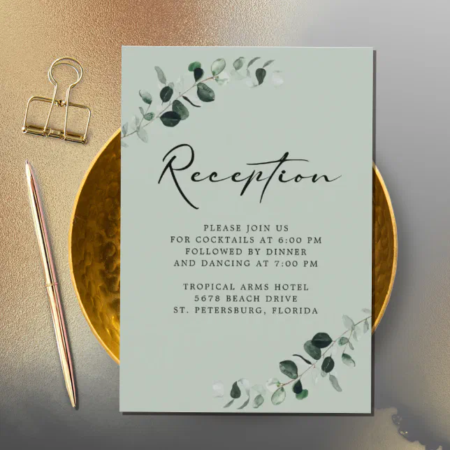 Eucalyptus Sage Modern Calligraphy Reception Enclosure Card | Zazzle