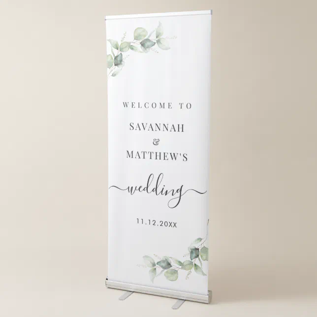 Eucalyptus Script Greenery Botanical Wedding Retractable Banner | Zazzle