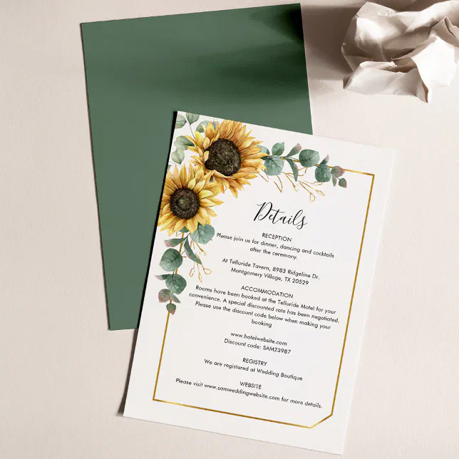 Eucalyptus Sunflower Wedding Details Card | Zazzle