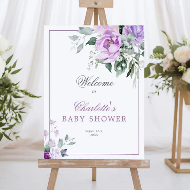Eucalyptus Violet Flowers Baby Shower Welcome Sign | Zazzle