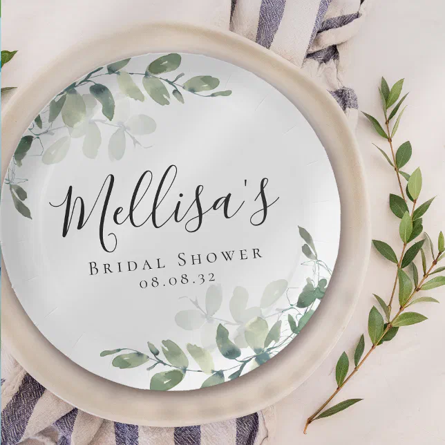 Eucalyptus Watercolor Bridal Shower Paper Plates | Zazzle