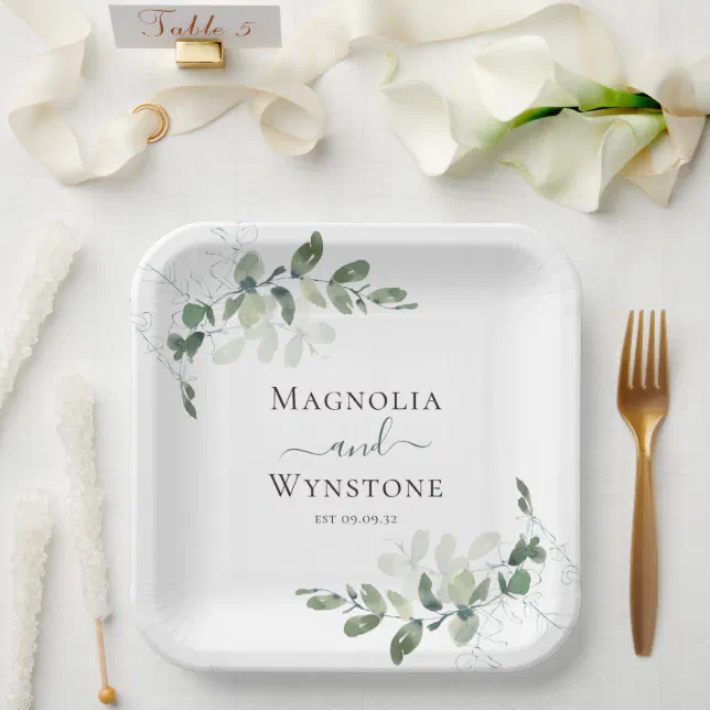 Eucalyptus Watercolor Monogram Paper Plates | Zazzle