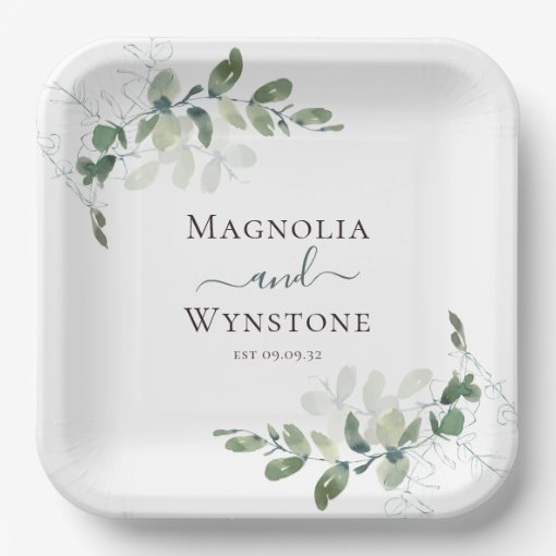 Eucalyptus Watercolor Monogram Paper Plates | Zazzle