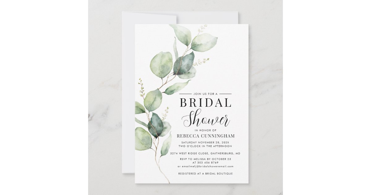 Eucalyptus Watercolor Script Bridal Shower Invitation | Zazzle