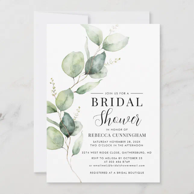 Eucalyptus Watercolor Script Bridal Shower Invitation | Zazzle