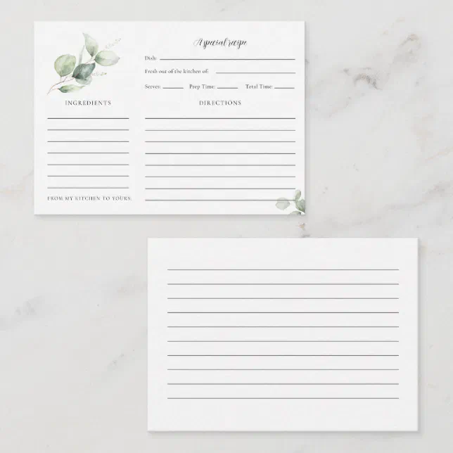 Eucalyptus Watercolor Script Bridal Shower Recipe Enclosure Card | Zazzle