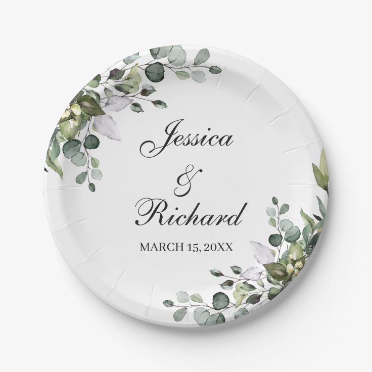 Eucalyptus Watercolor Wedding Paper Plates | Zazzle