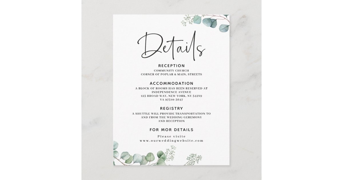 Eucalyptus Wedding details card | Zazzle