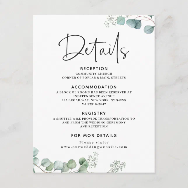 Eucalyptus Wedding details card | Zazzle